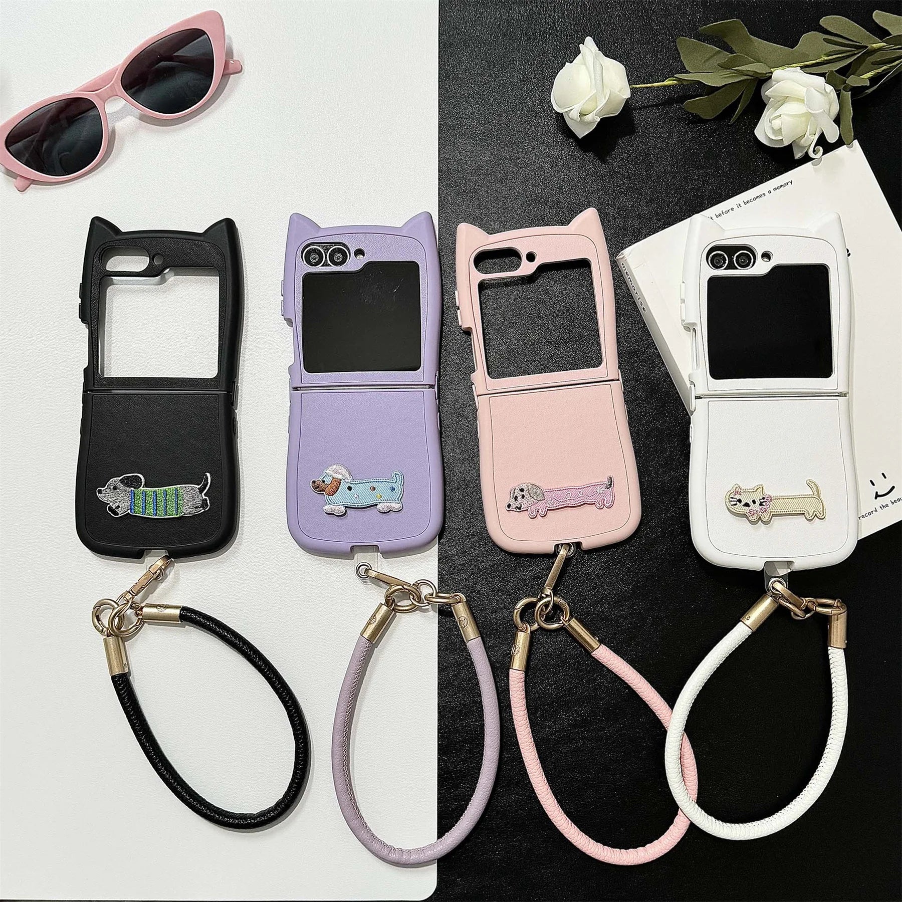 Dopamine Color Embroidery Cat Ear Phone Case with Hand Strap for Galax ...